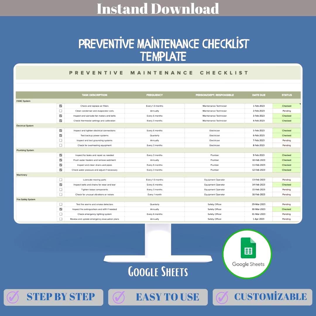 Preventive Maintenance Checklist Google Sheets Equipment Maintenance ...