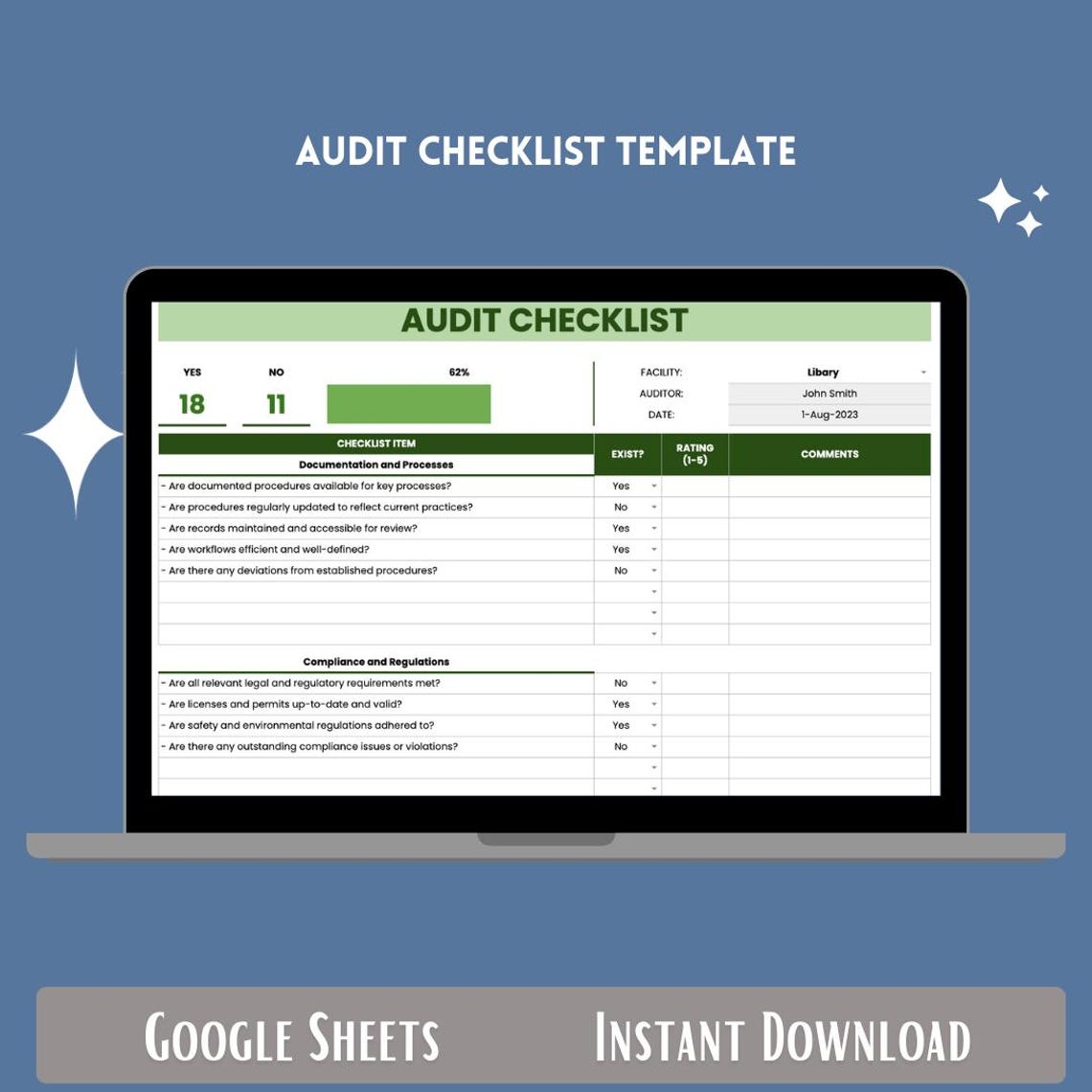 Audit Checklist Template, Digital Download, Editable Google Sheets ...