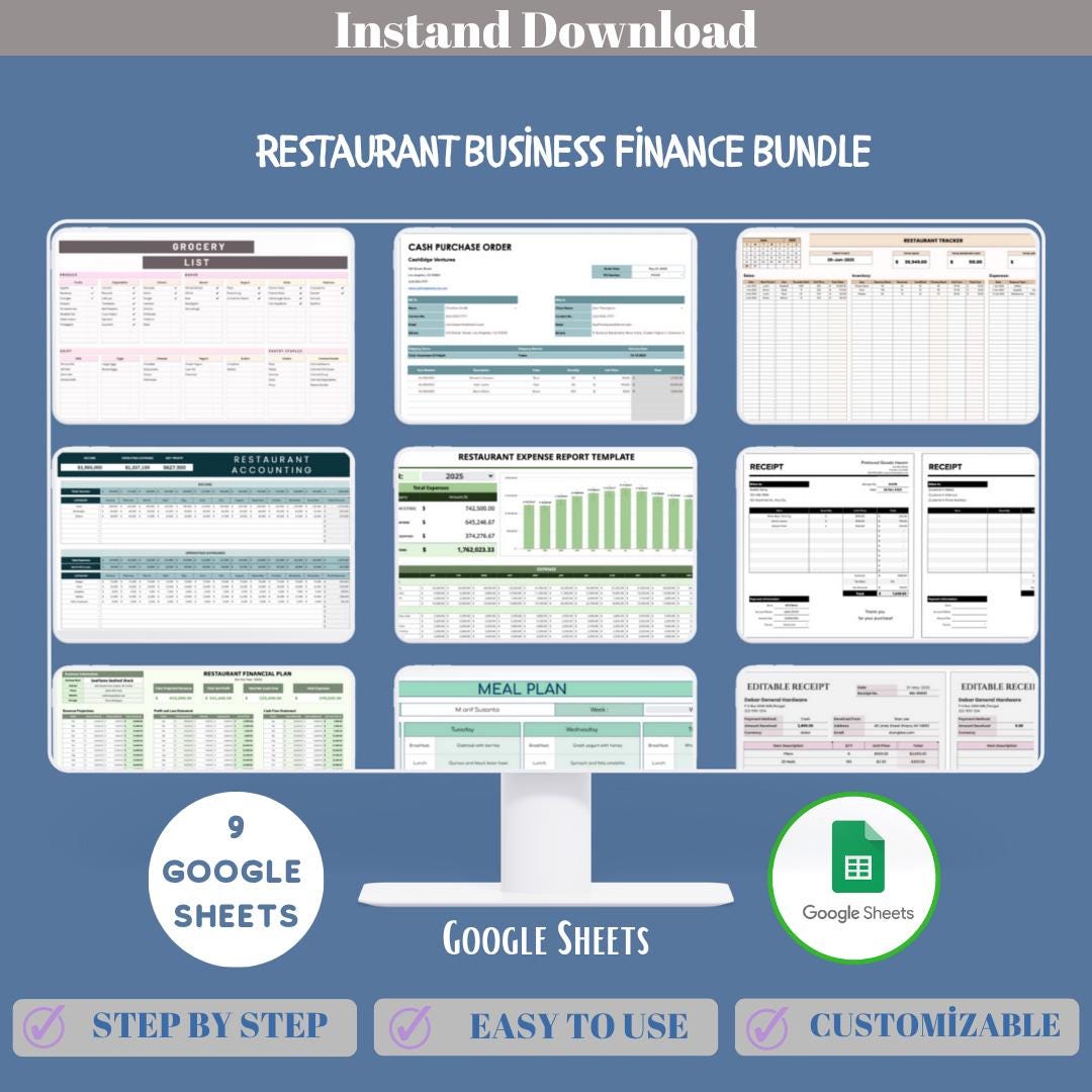 Restaurant Finance Business Bundle Google Sheets Templates for Food ...