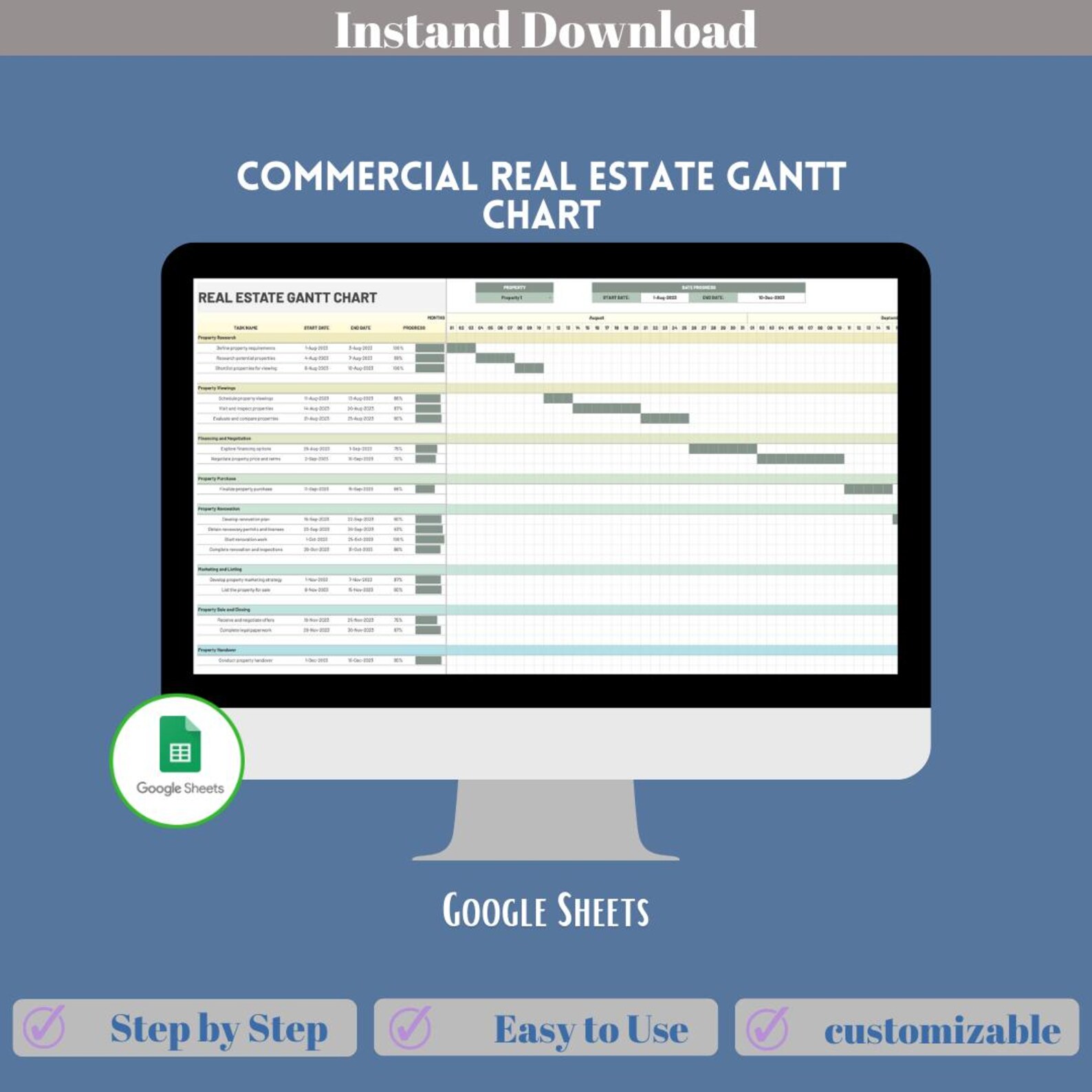 Commercial Real Estate Gantt Chart Template, Editable Google Sheets ...