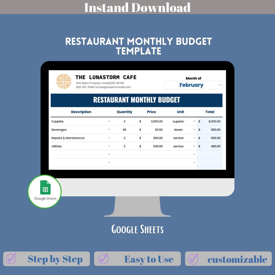 Restaurant Monthly Budget Template, Digital Download, Google ...