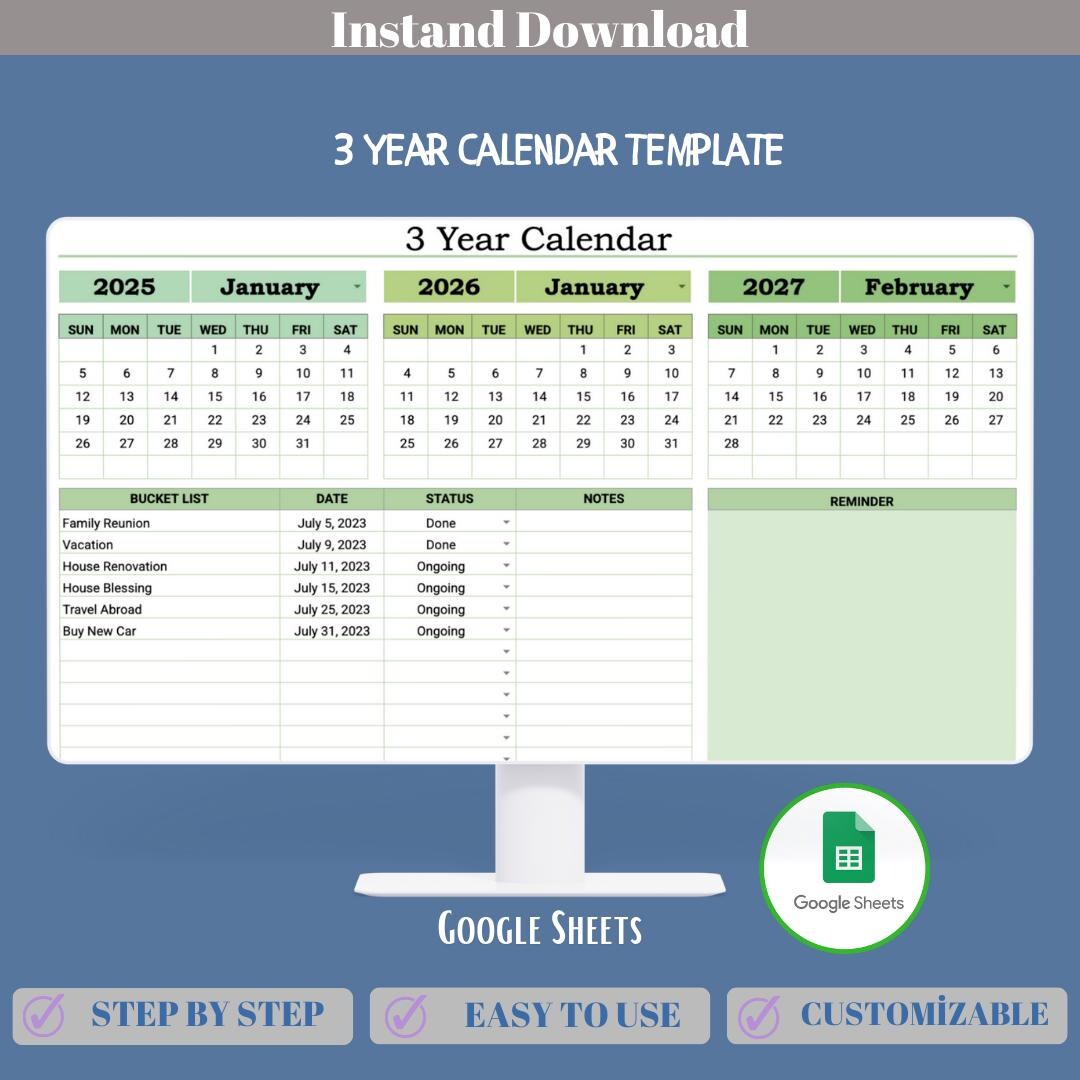 3 Year Calendar Template Google Sheets,editable Multi-year Planner,long ...