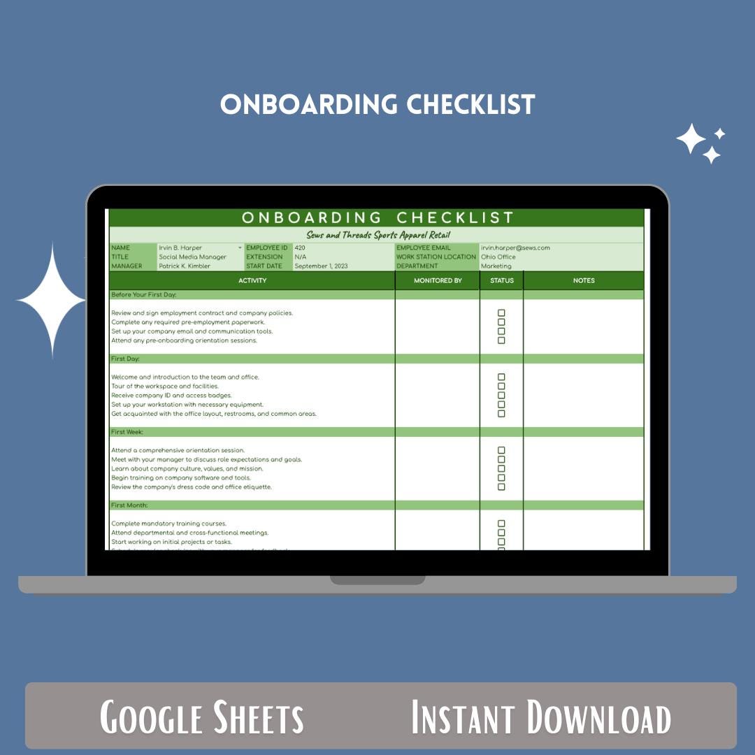 Onboarding Checklist Template for Small Business in Google Sheets, Easy ...