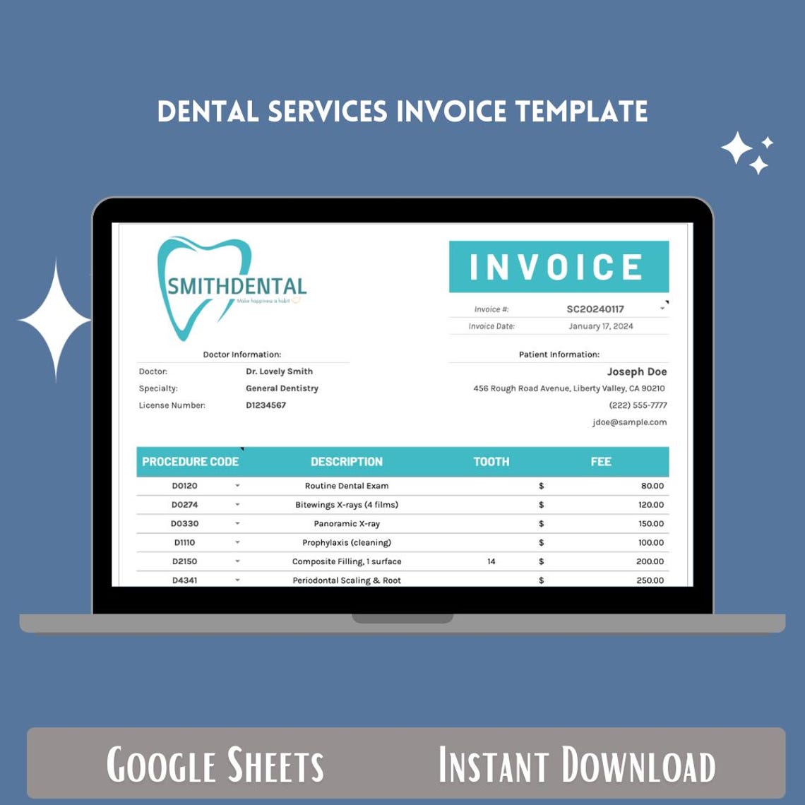 Dental Services Invoice Template Google Sheets, Editable Patient ...