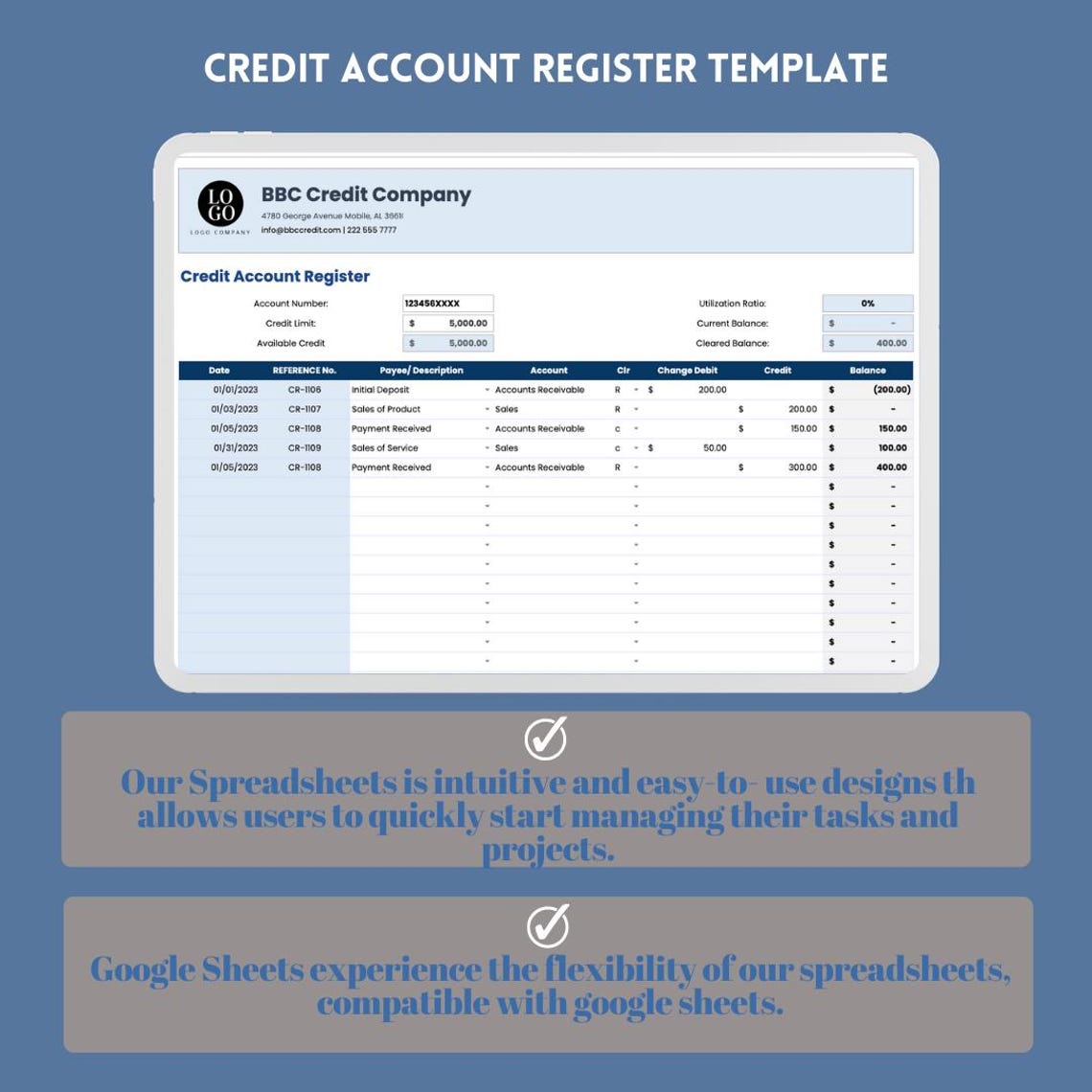 Credit Account Register Template Google Sheets,editable Credit Log ...
