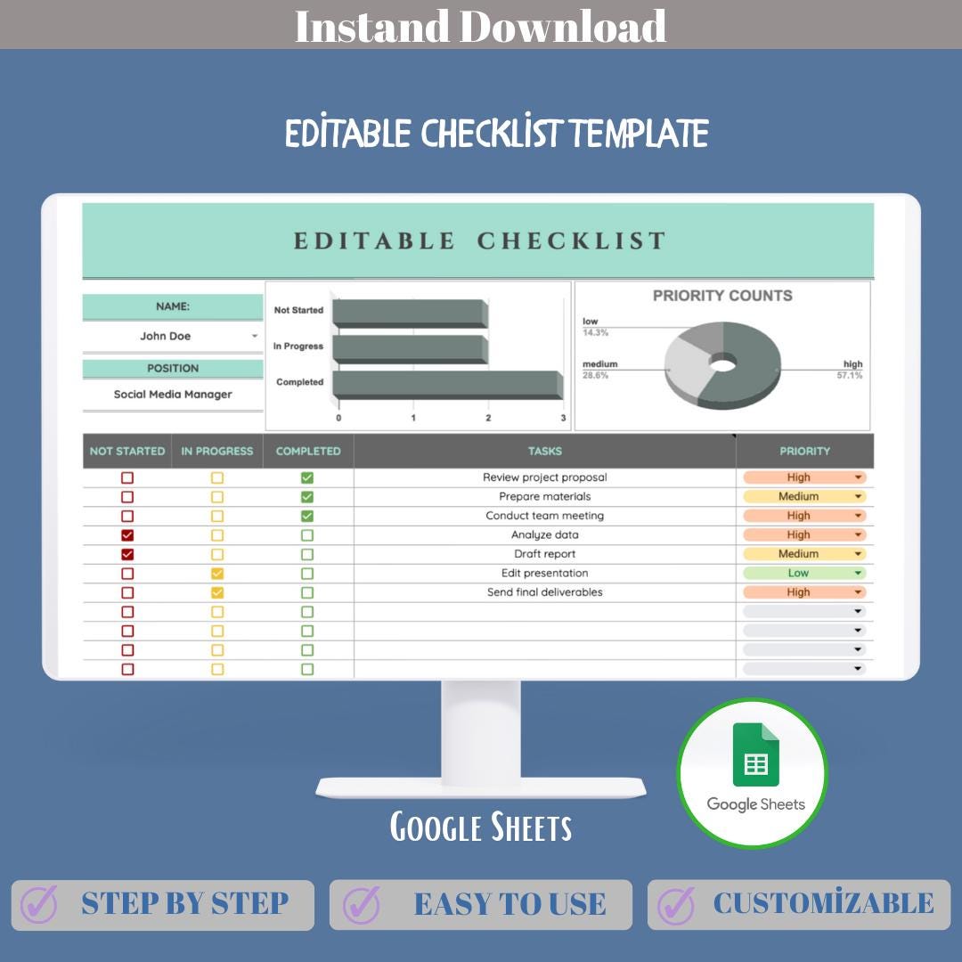 Editable Checklist Google Sheets Template for Custom Task Lists, Team ...
