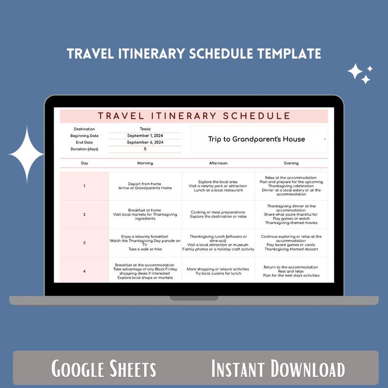 Travel Itinerary Schedule Template, Trip Planner, Google Sheets ...
