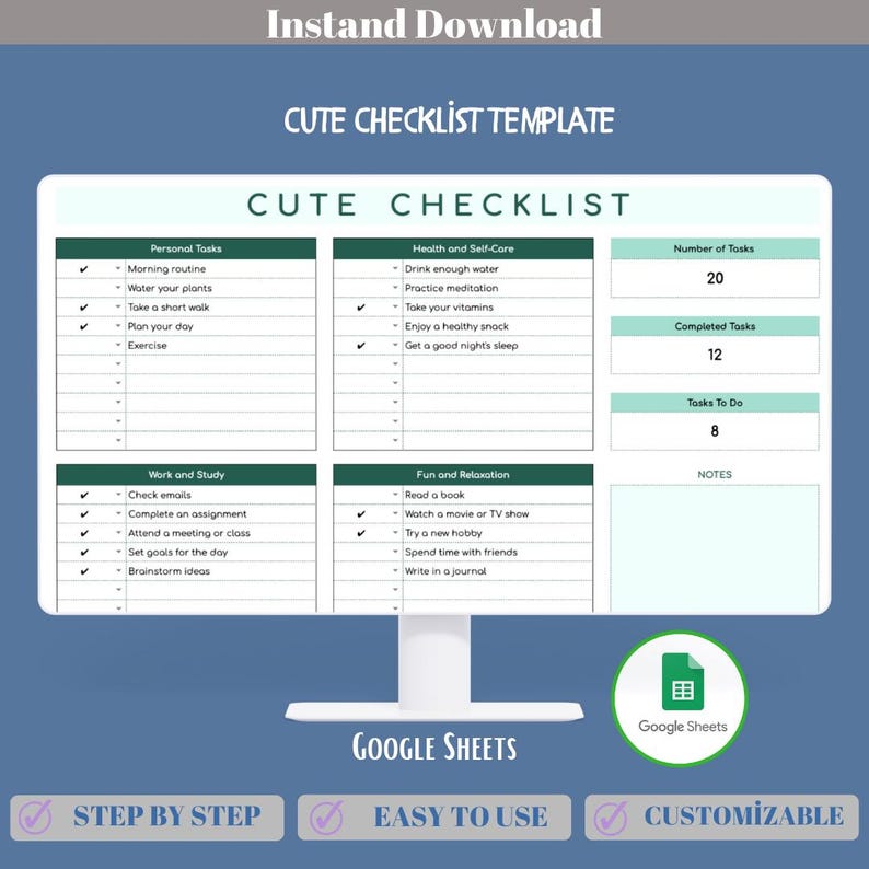 Cute Checklist Google Sheets Template for Task Tracking, Daily Planning ...