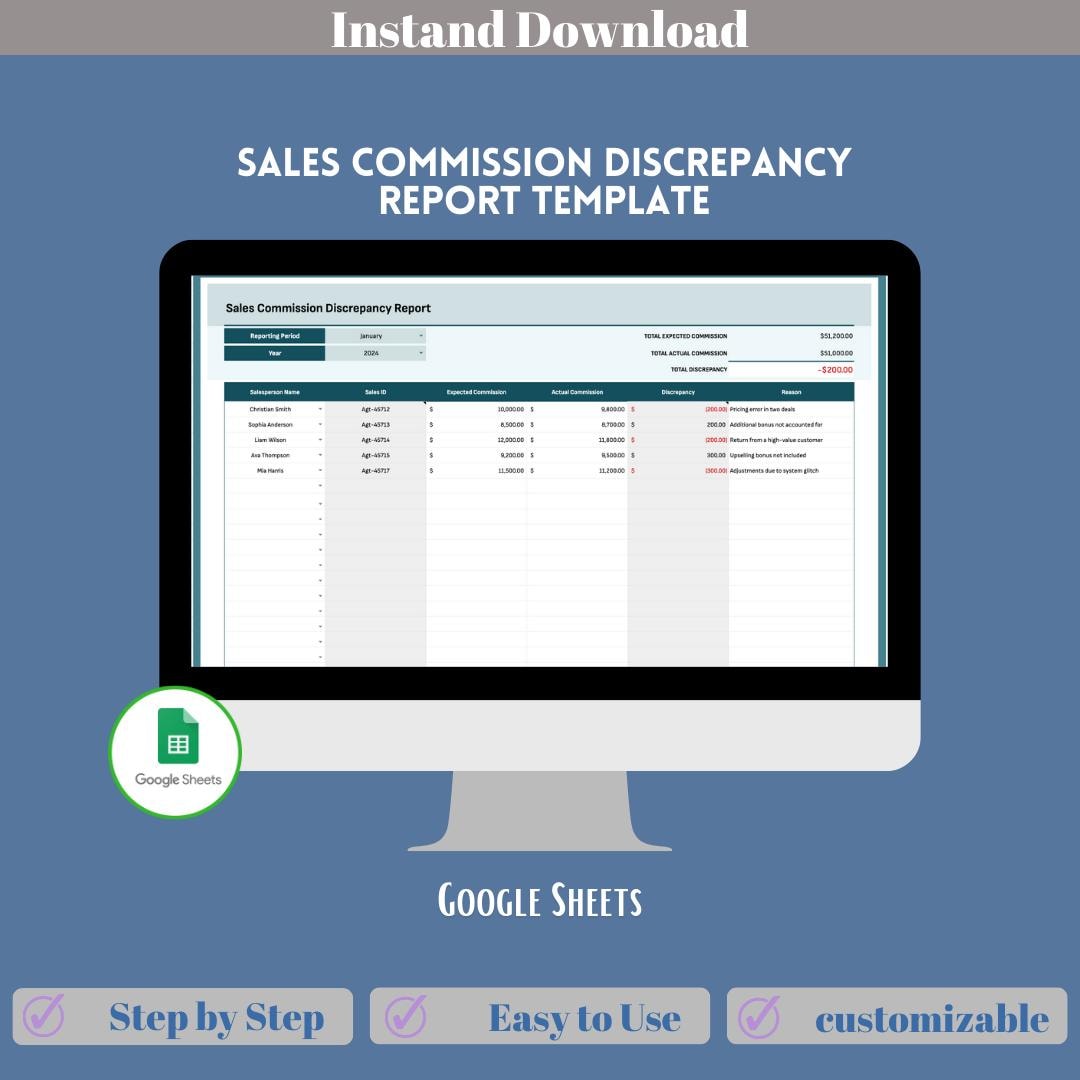 Sales Commission Discrepancy Report Template, Digital Download ...