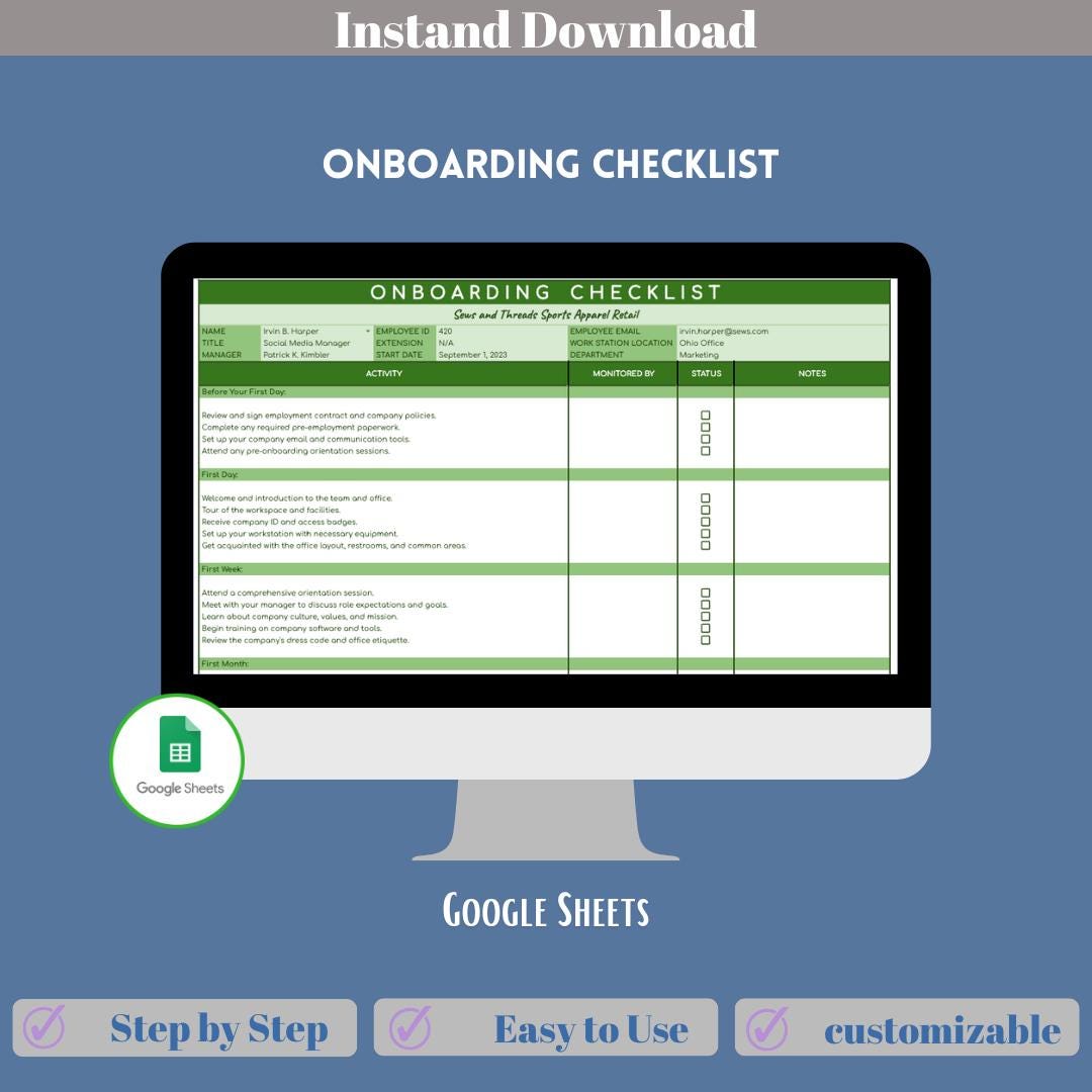 Onboarding Checklist Template, Digital Download, Editable Excel or ...