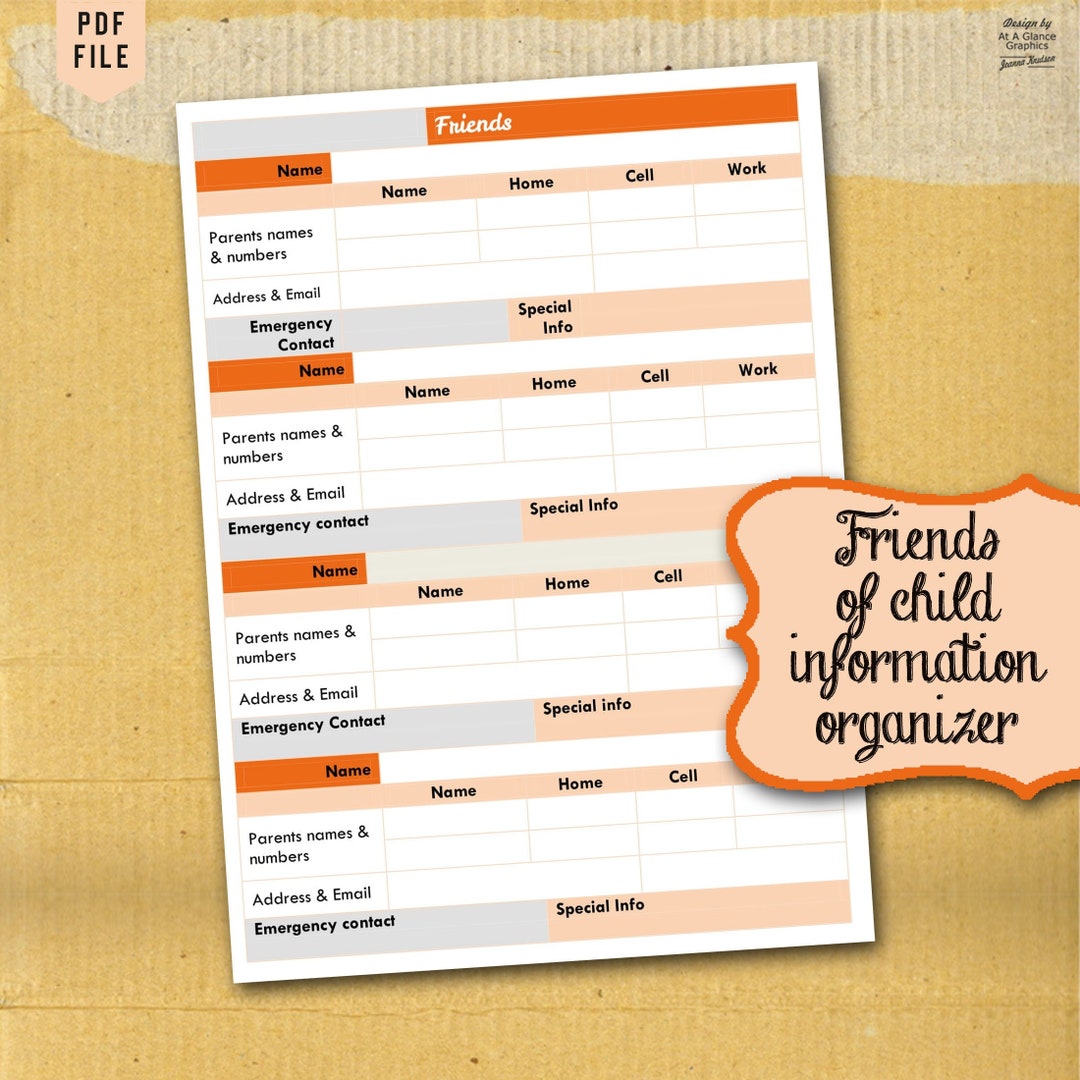 Child Friend Information Organizer, Child Important Information, Child ...