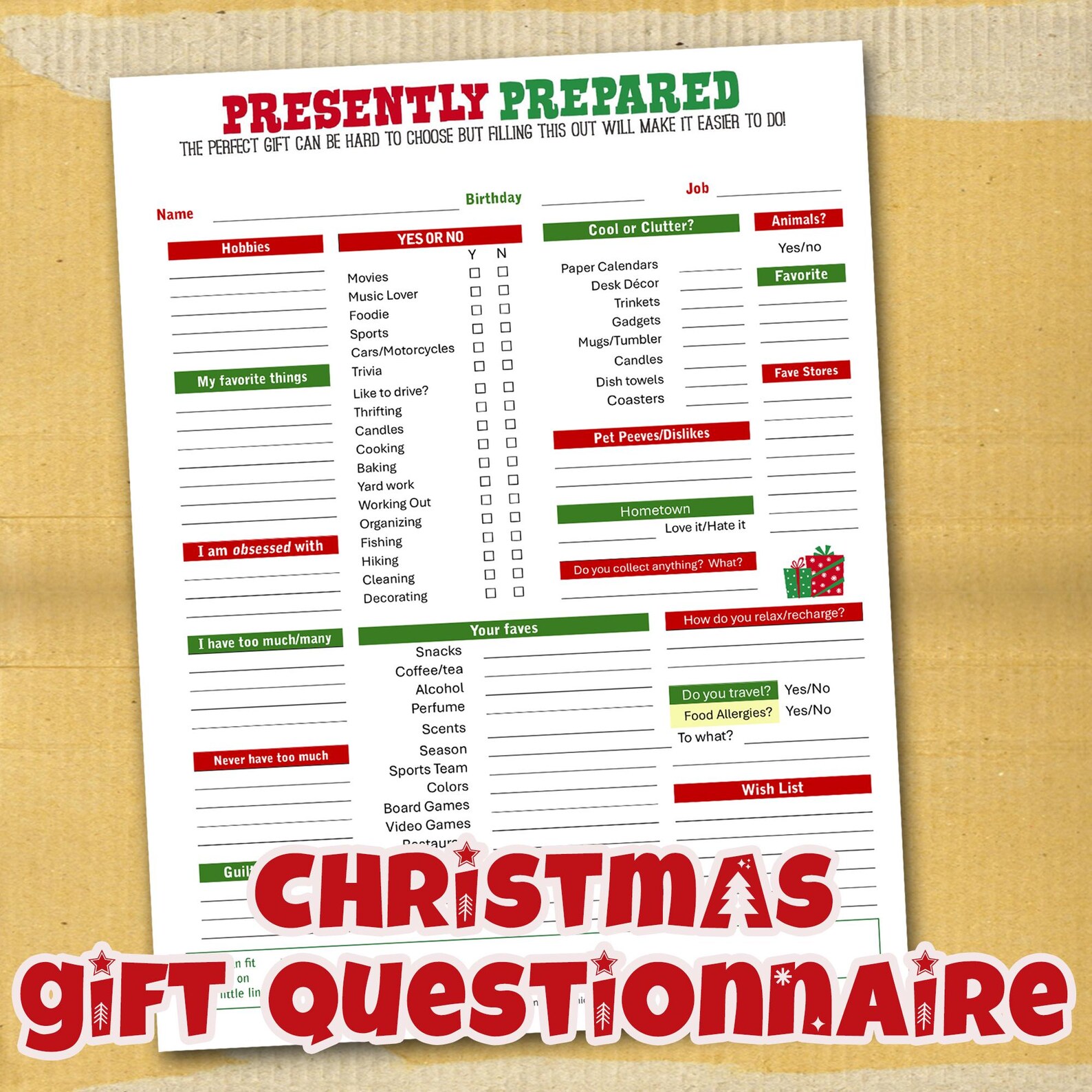 Gift Questionnaire, Gift Exchange Questionnaire, Christmas Wish List ...