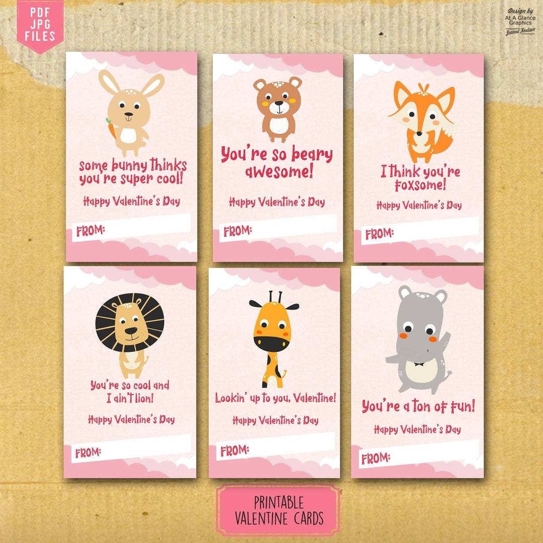Wild Animals Valentine Cards, Classroom Valentine Cards, Bunny ...