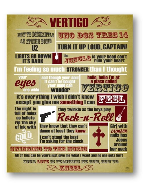 Vertigo Song Art Print, U2 Wall Art, Music Art Print, Music Wall Art ...