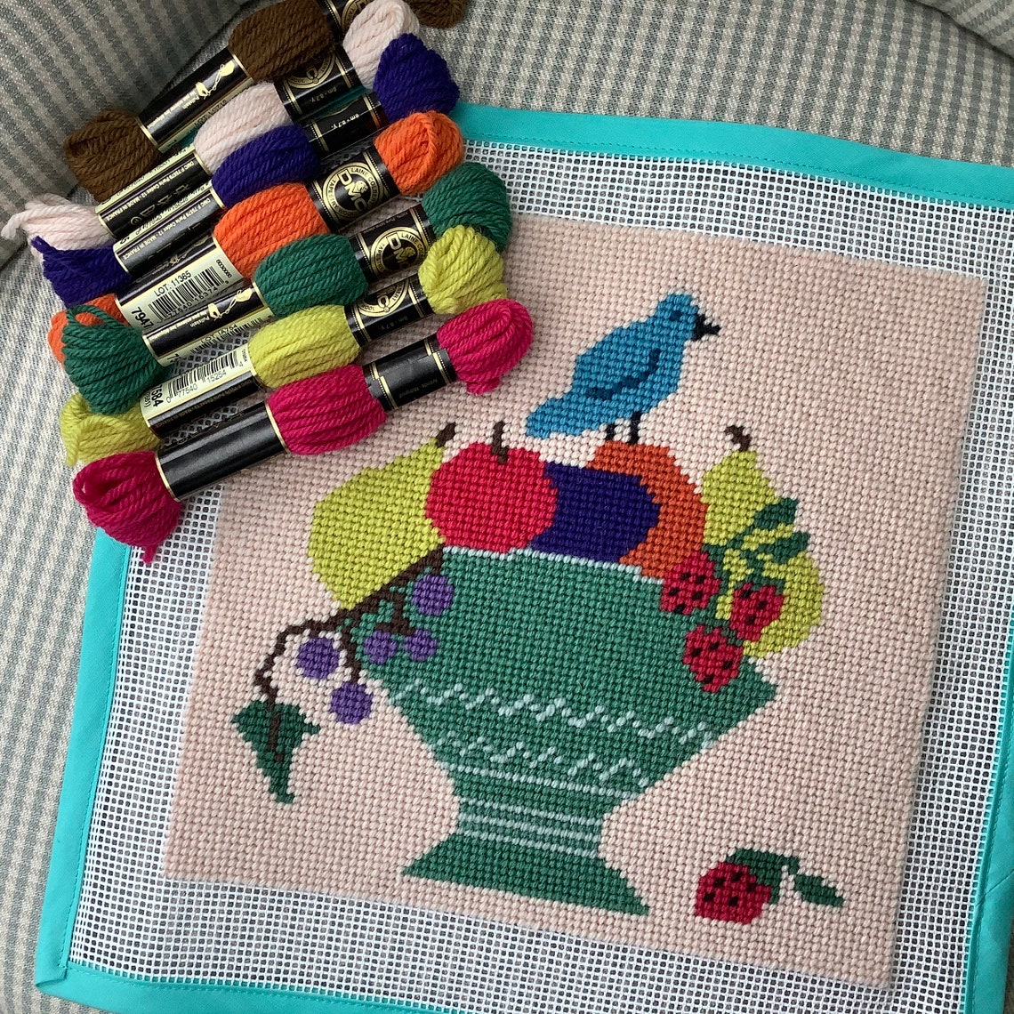 TWEETY FRUIT Bowl Easy Beginner Needlepoint Kit 9X9 Printed Canvas DMC ...