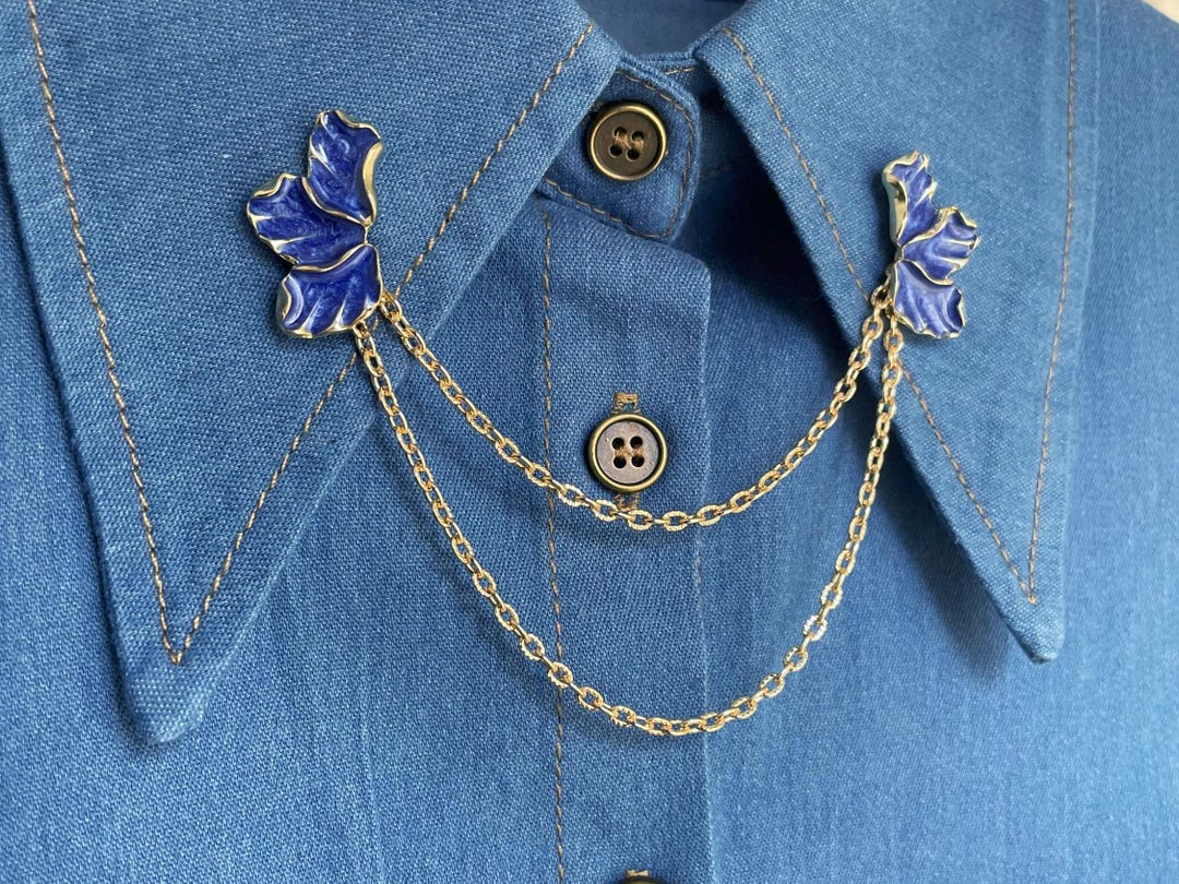 Blue Enamel Leaf Shirt Collar Chain Pin, 316L Steel Gold Double Chain ...