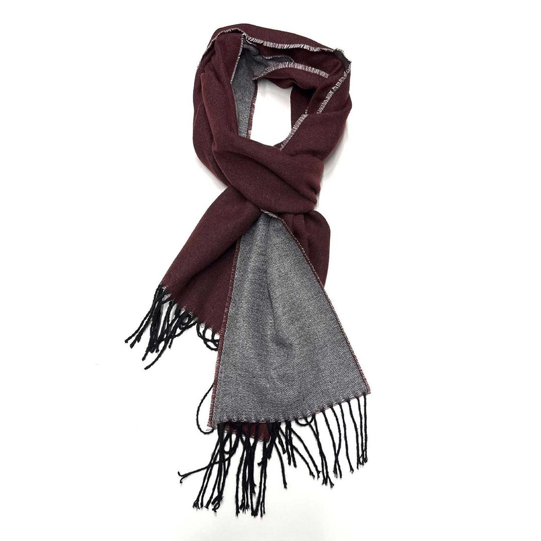 Winter Scarf, Burgundy and Gray Mens Muffler, Warm Fringed Muffler for ...