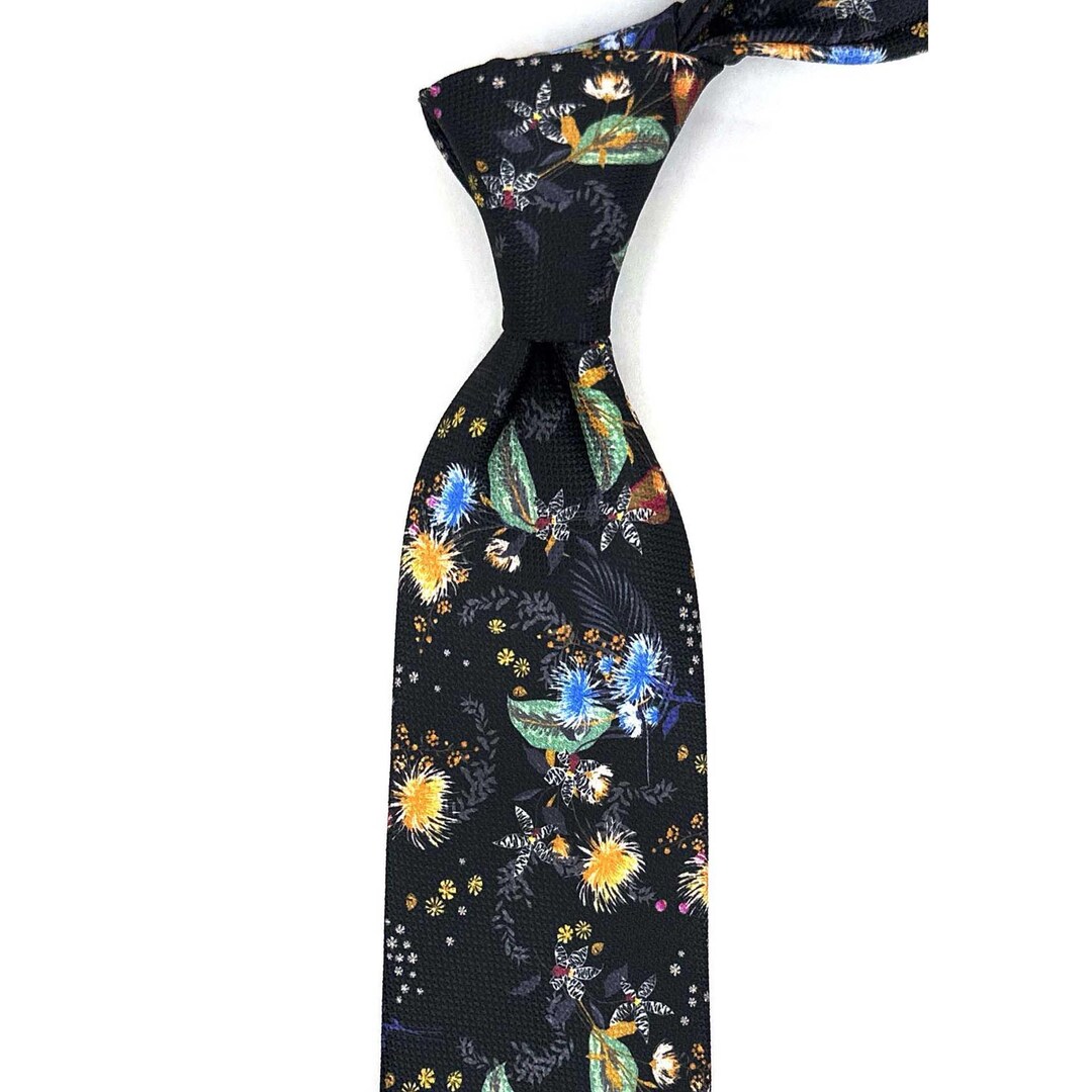 Floral Black Necktie With Leaf Details, Elegant Printed Necktie for ...
