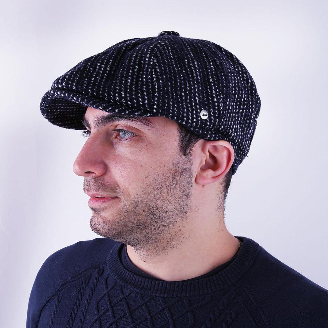 Luxury Black Herringbone Flat Cap for Men, Winter Wool Gatsby Hat ...