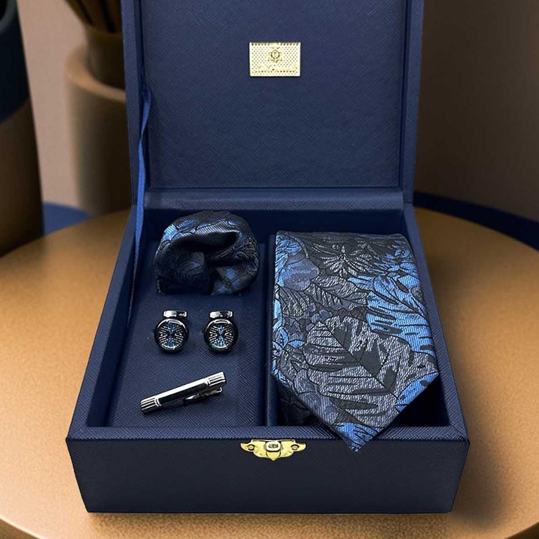 Blue Tie Gift Set for Men, Includes Tie, Cufflinks, Tie Clip, Pocket ...