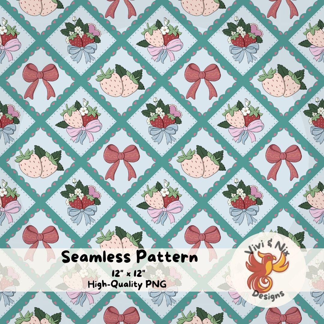 Strawberry Coquette Seamless Pattern, Cute Bow Strawberry Digital Paper ...