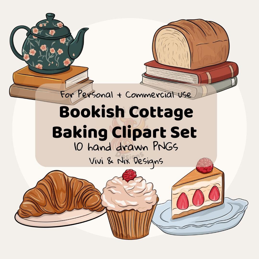 Bookish Cottage Baking Clipart Set, Cozy Bread Pastries Tea Books PNG ...