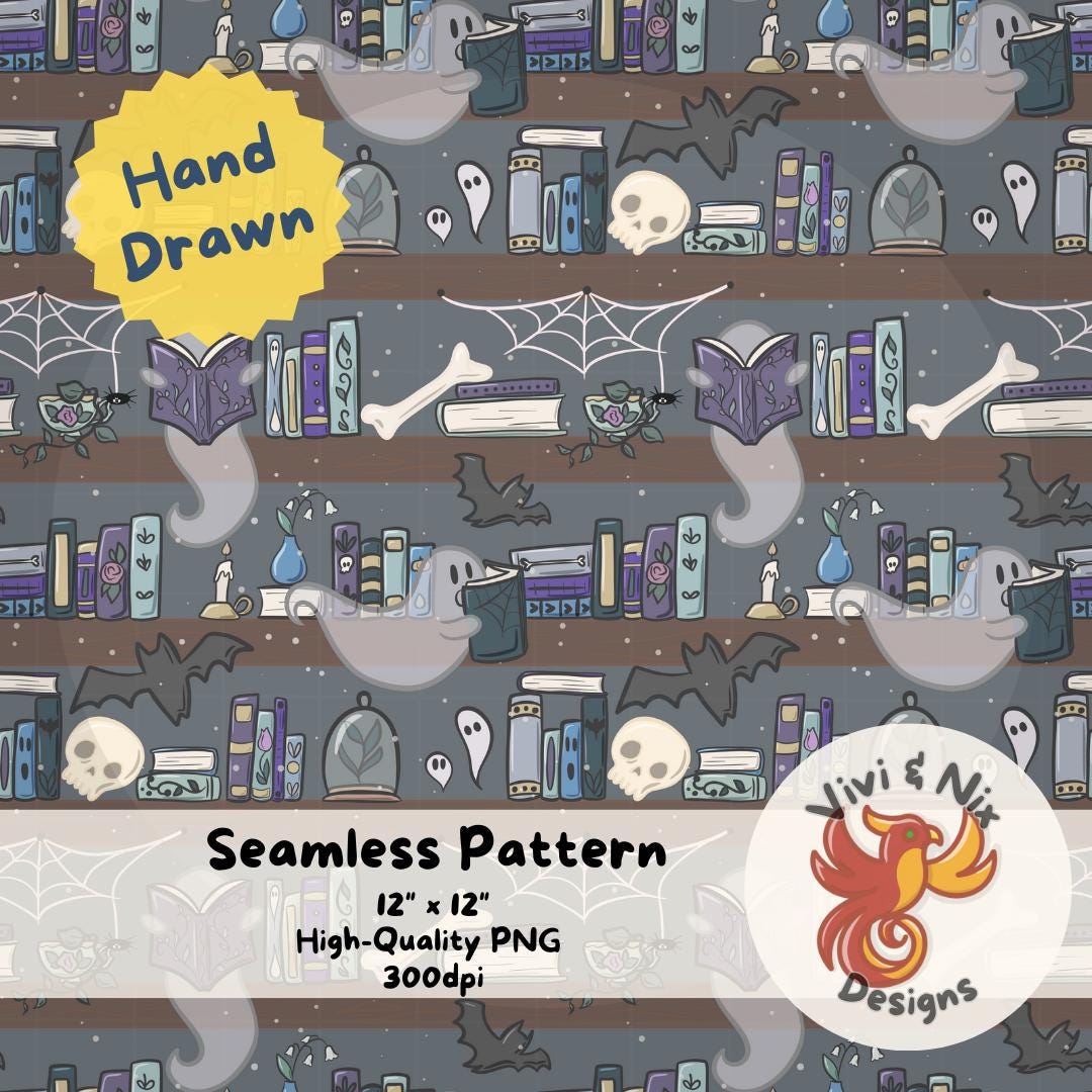 Ghost Bookish Seamless Pattern, PNG, Bookshelf Seamless, Cute Ghost ...
