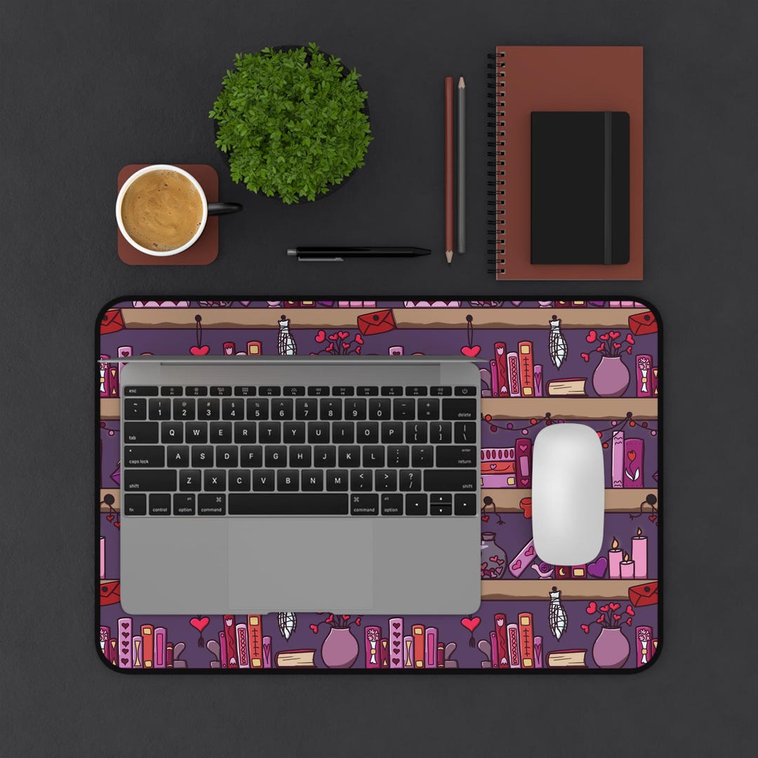 Desk Mat - Dark Romantic Bookshelf Design, Books, Hearts, Witchy ...