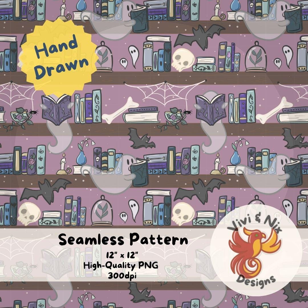 Ghost Bookish Seamless Pattern, PNG, Bookshelf Seamless, Cute Ghost ...