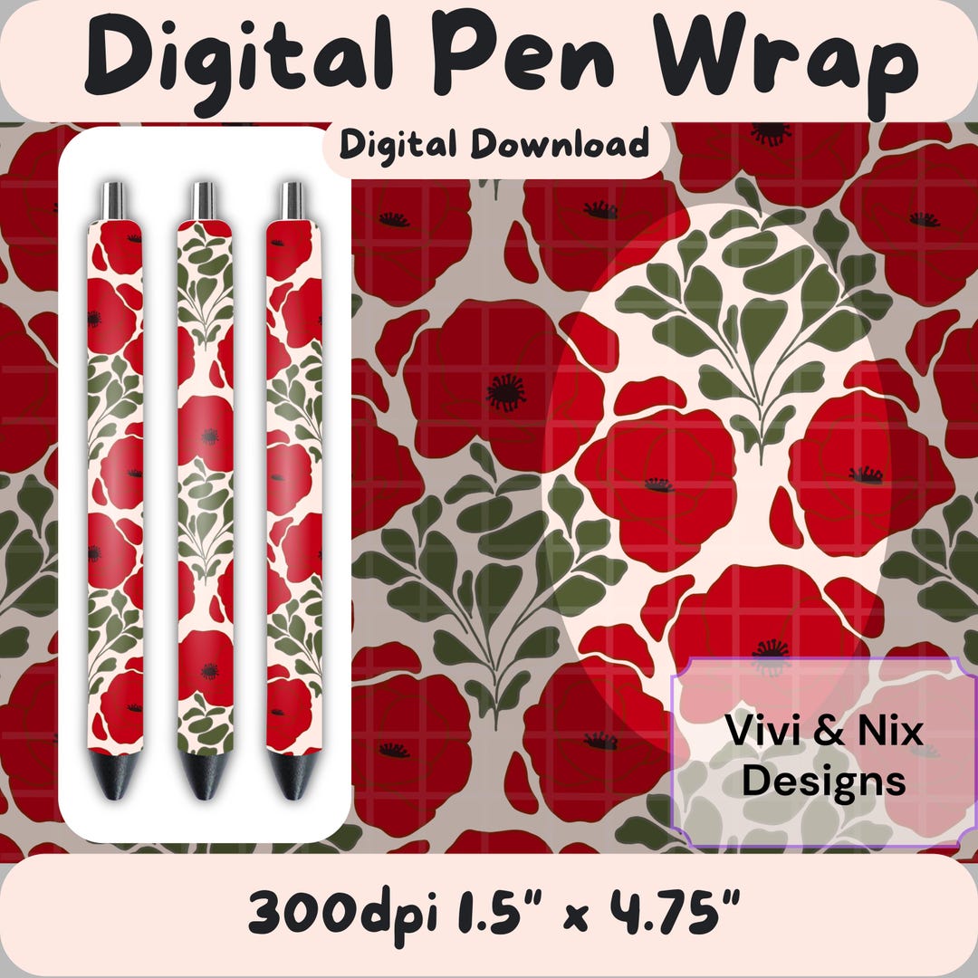 Poppy Pen Wrap PNG | Floral Pen Wrap Design | Digital Download 300dpi ...