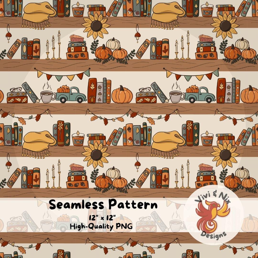 Cozy Fall Bookshelf Seamless Pattern Digital Download Autumn Books ...