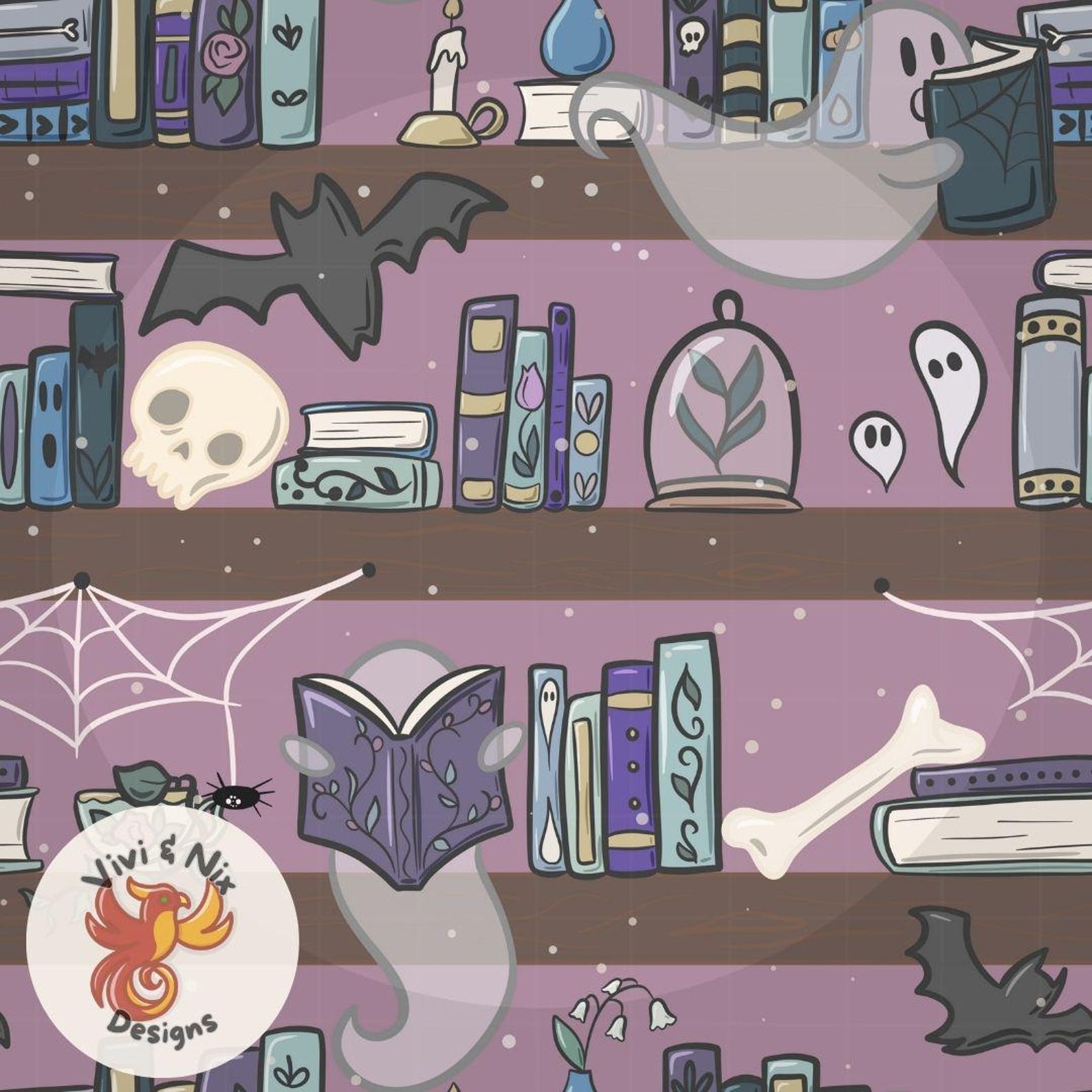 Ghost Bookish Seamless Pattern, PNG, Bookshelf Seamless, Cute Ghost ...