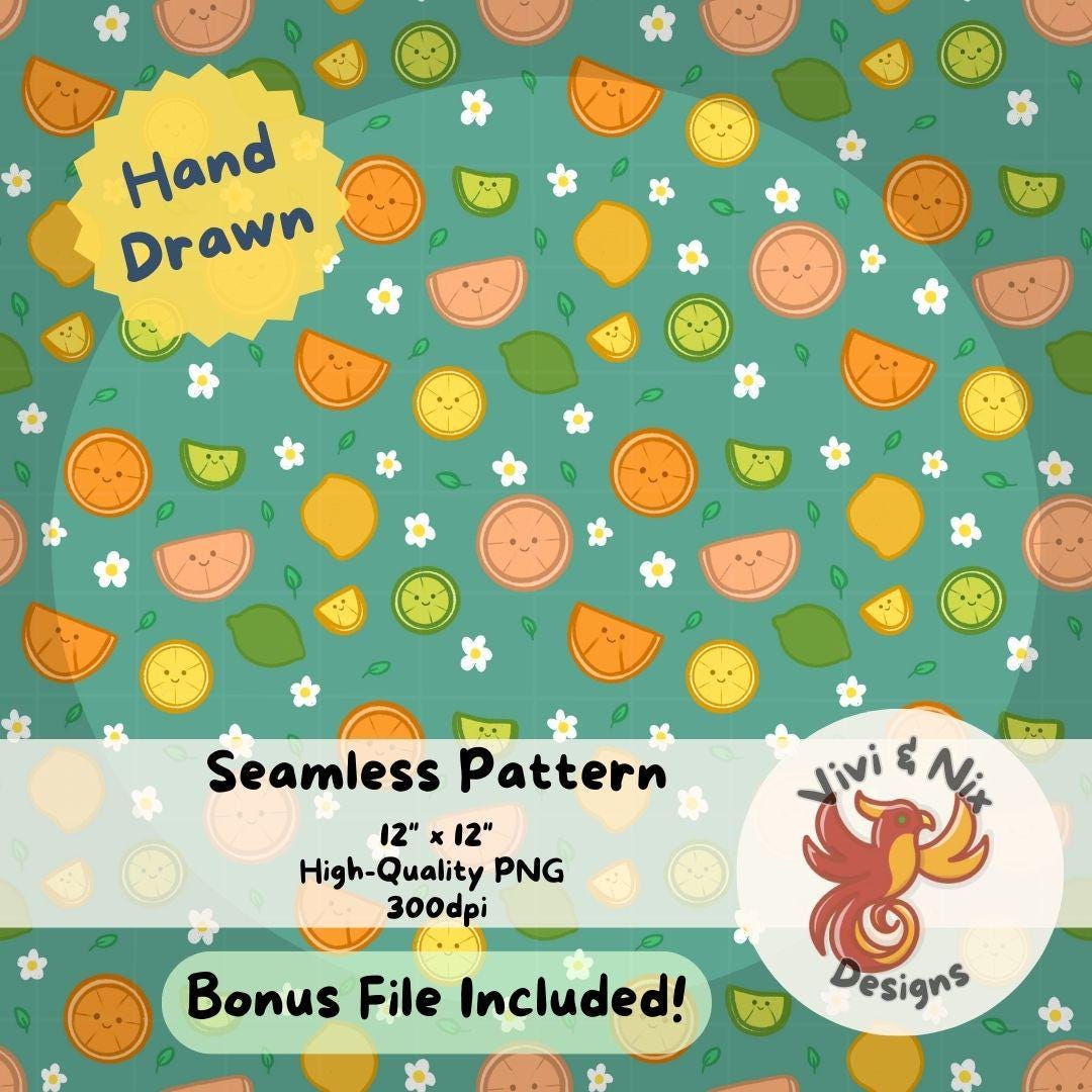 Summer Citrus Seamless Pattern, Cute Summer Fruit Digital Paper, Kawaii ...