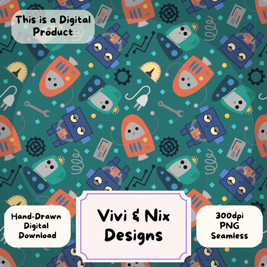 Cute Robot Seamless Pattern, Cartoon Robot Digital Paper, Kids Tech ...