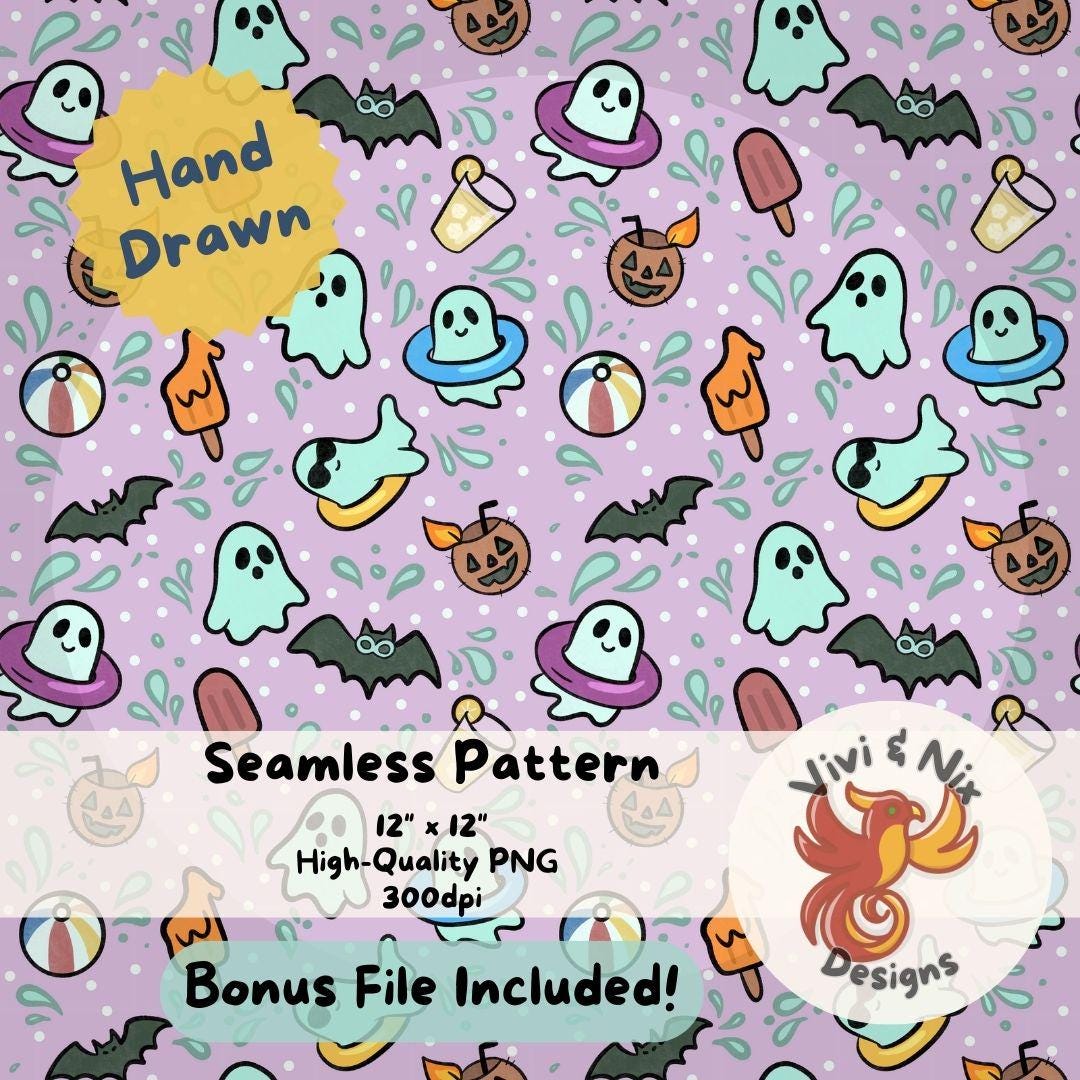 Ghost Summer Swim Party Seamless Pattern, Cute Halloween Beach Pool ...