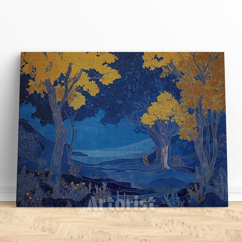 Midnight Blue Forest Landscape With Golden Trees Canvas Art - Etsy Canada