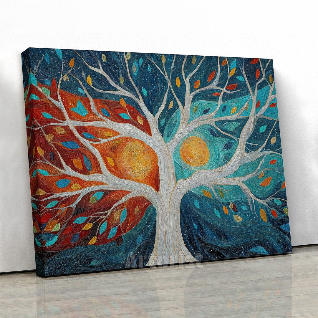 Abstract Tree Life With Dual Suns Colorful Canvas Wall Art - Etsy