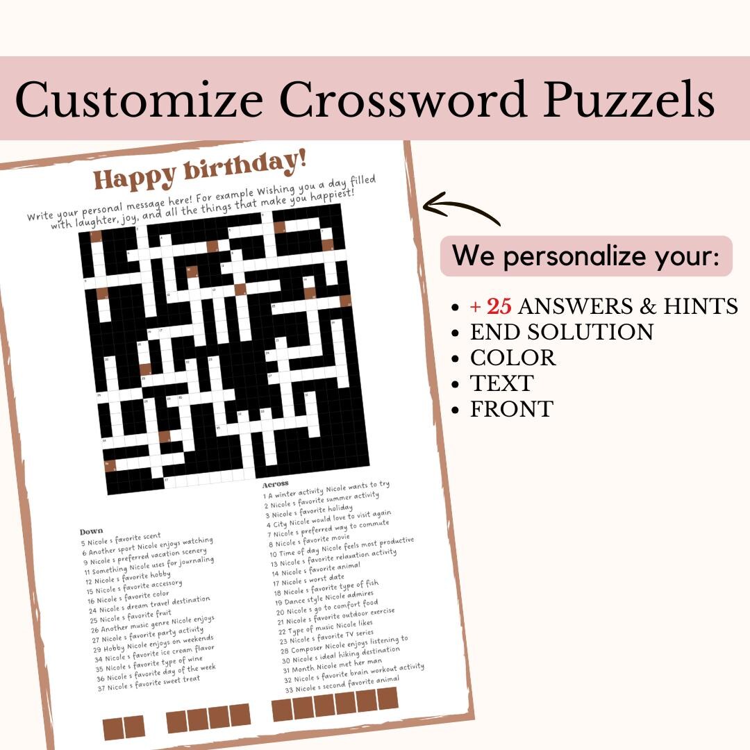 Custom Crossword Puzzle 100 % Personalized Crosswords Birthday, Wedding ...