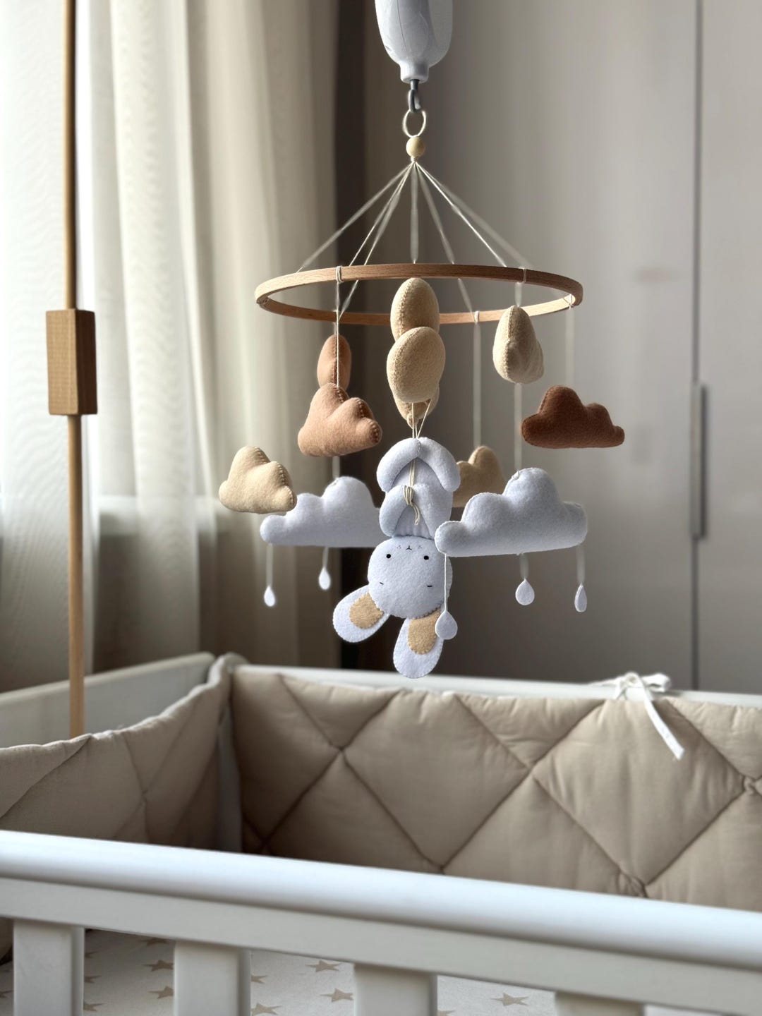Baby Mobile, Bunny, Neutral Nursery Decor, Cot Mobile, Handmade Hanging ...
