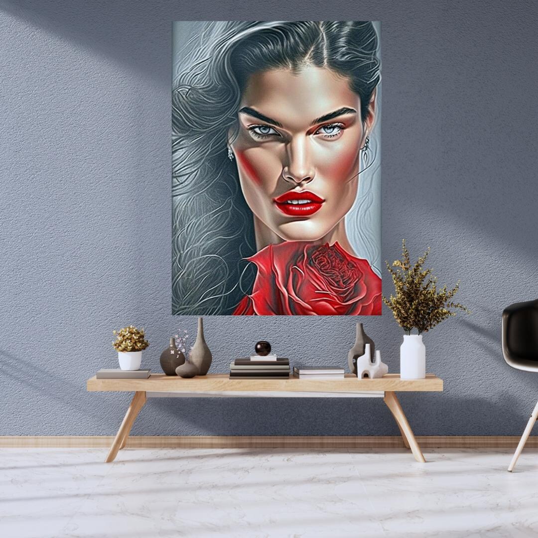 Vamp Woman With Red Rose- Portrait Wall Art for Living Room - Colorful ...