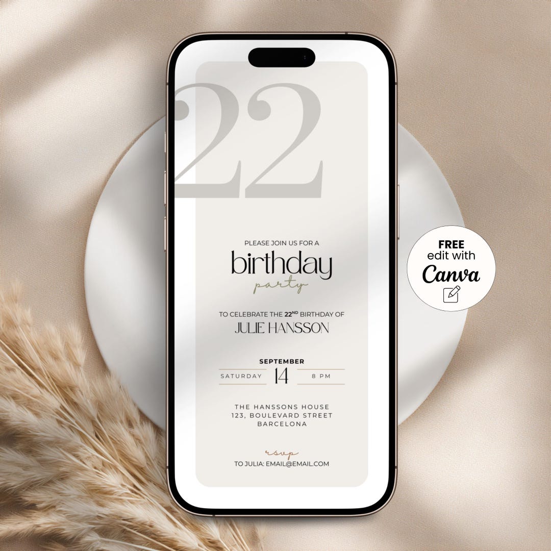 22nd Birthday Invitation Template, Elegant Editable Invite for Men or ...