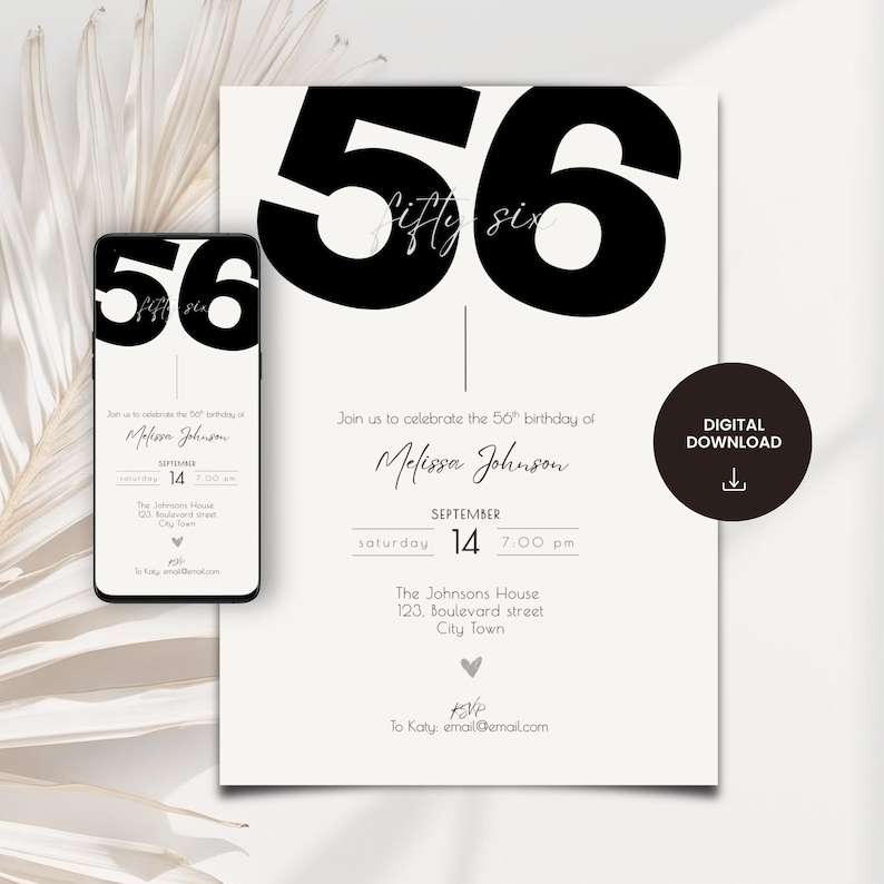 Editable 56th Birthday Invitation Template: Elegant Bold Typo Fifty Six ...