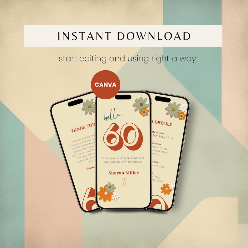 Retro 60th Birthday Invitation Template: Editable Canva Evite (digital ...