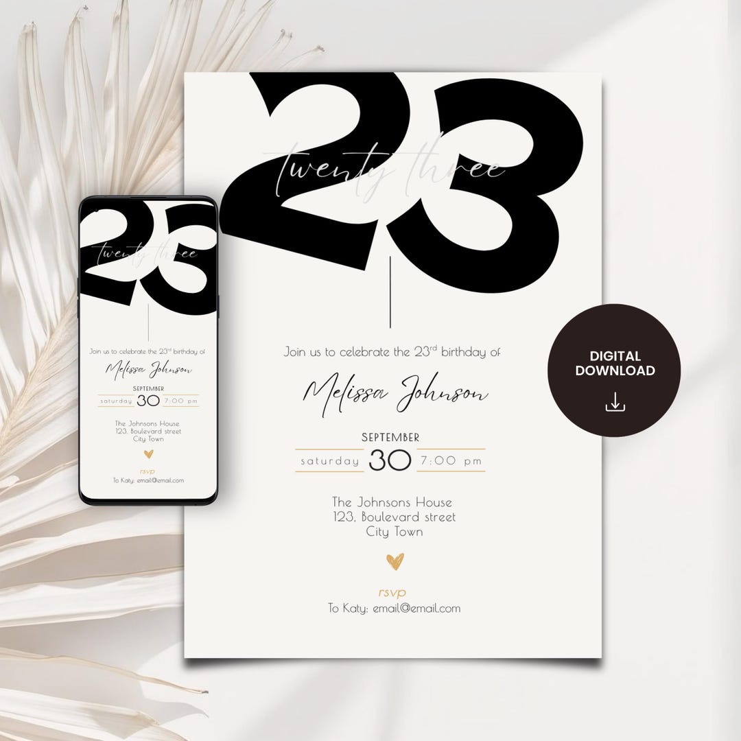 23rd Birthday Invitation, Modern Minimalist Editable Template (digital ...