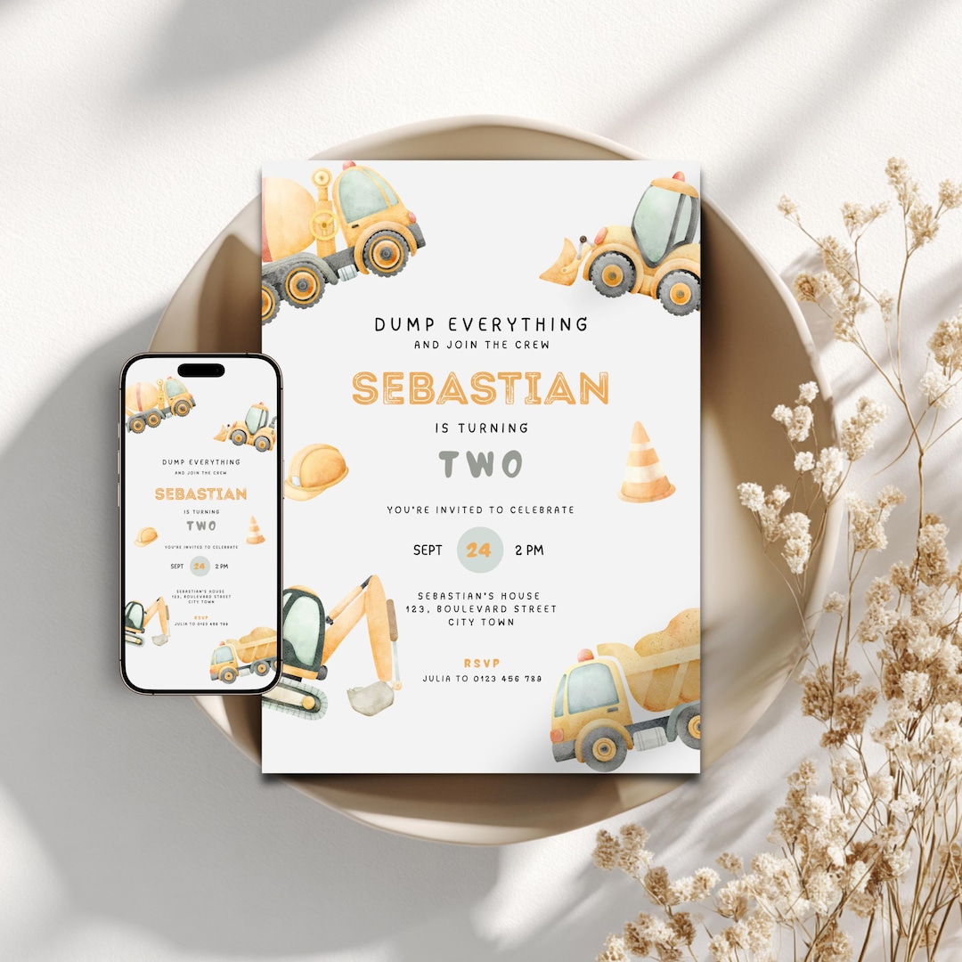 2nd Construction Birthday Invitation, Boys Editable Invite, Dump Truck ...