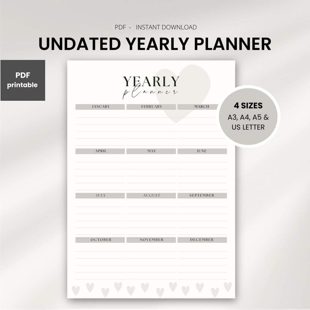 Yearly Calendar Planner Printable - Undated Yearly Planner - Yearly ...