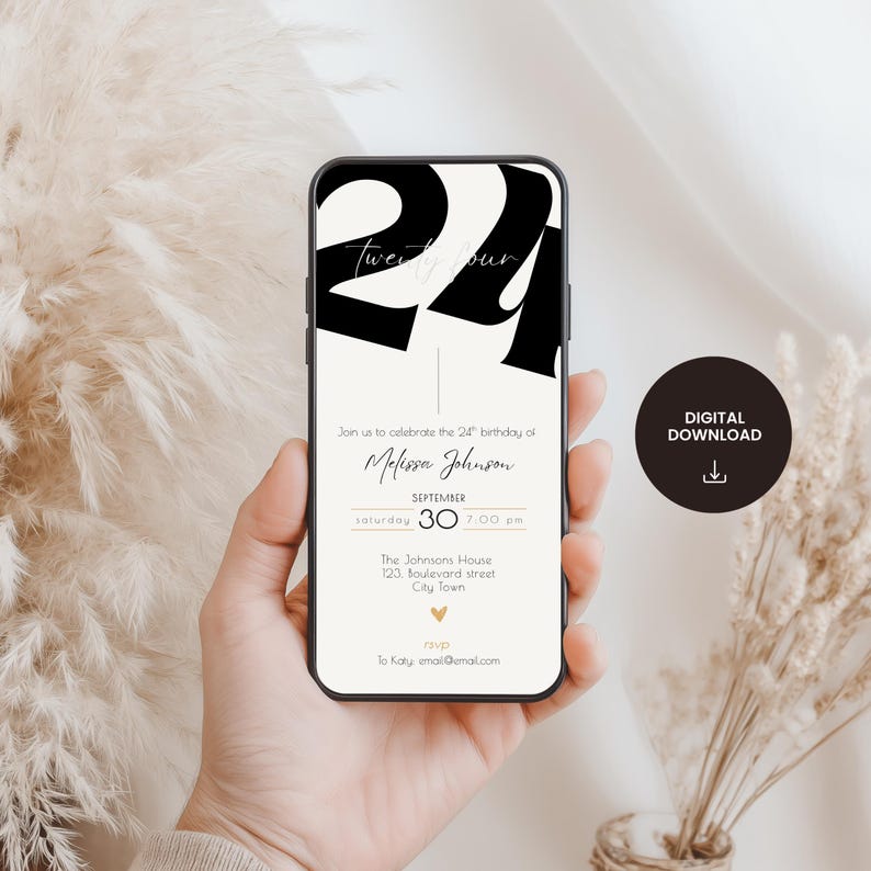24th Birthday Invitations Digital, Editable Minimal Template for Boy or ...