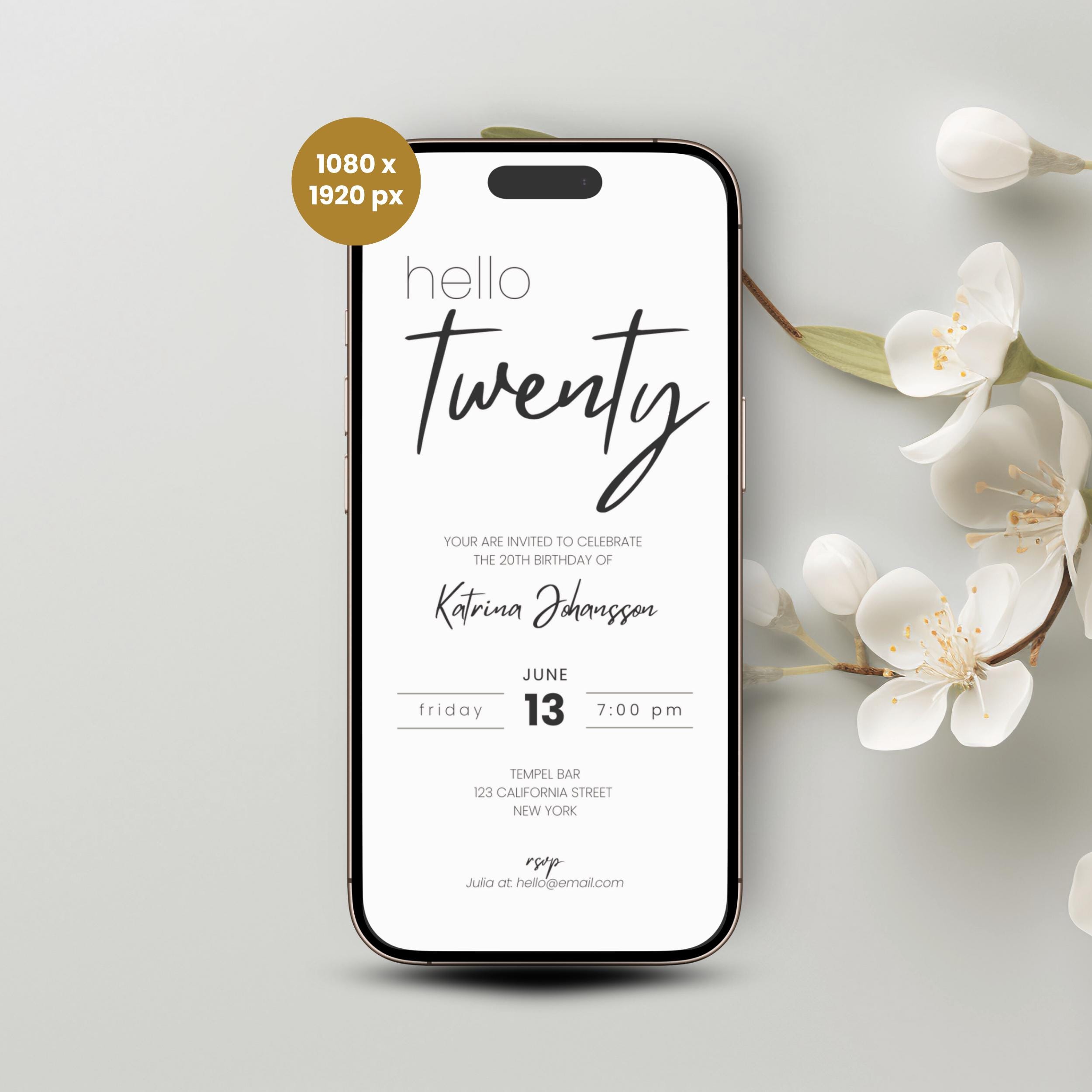 Hello Twenty Birthday Party Invitation Template, Hello 20 Party ...