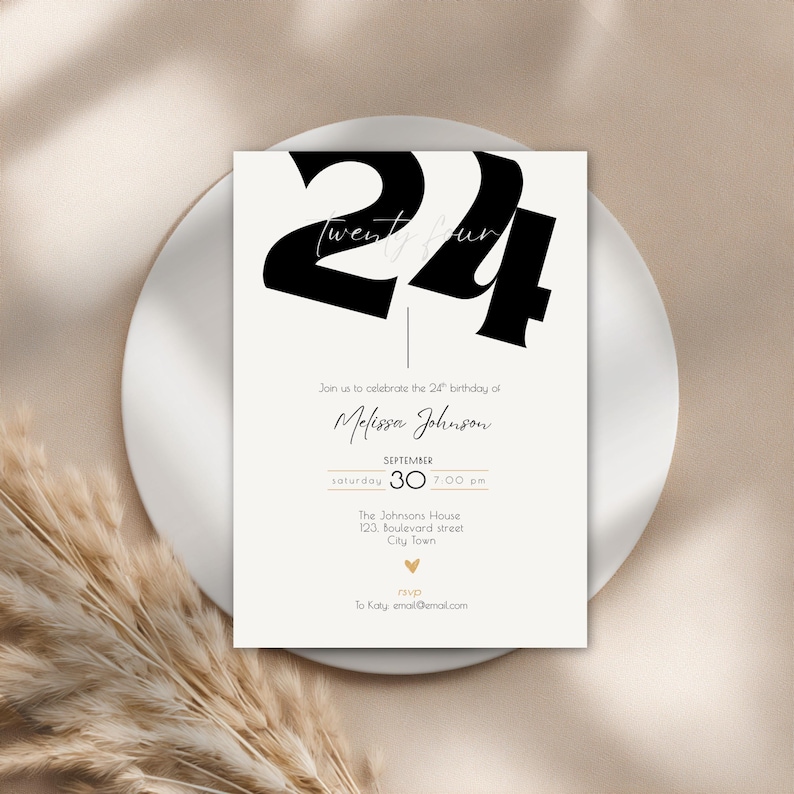 24th Birthday Invitations Digital, Editable Minimal Template for Boy or ...