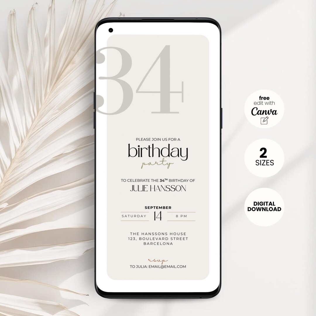 34th Birthday Invitation Template, Elegant Evite Men or Women (digital ...